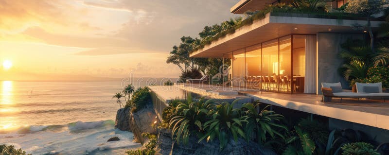 Luxurious Beachfront Villa at Sunset with Infinity Pool and Palm Trees ...