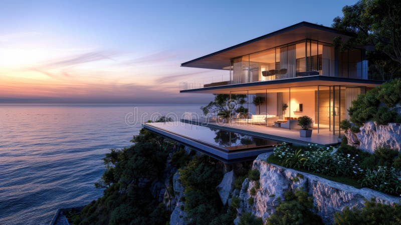 Luxurious Beachfront Villa at Sunset with Infinity Pool and Palm Trees ...