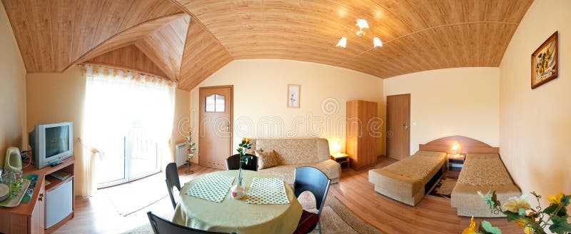 Modern Bedroom Interior in Loft Room Wide Angle Stock Photo - Image of ...