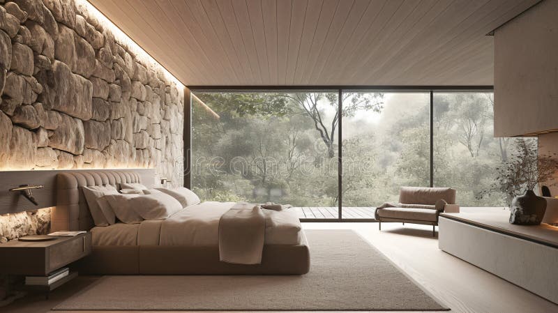 Luxurious Modern Bedroom Design with Stone Wall Large Window and Forest ...