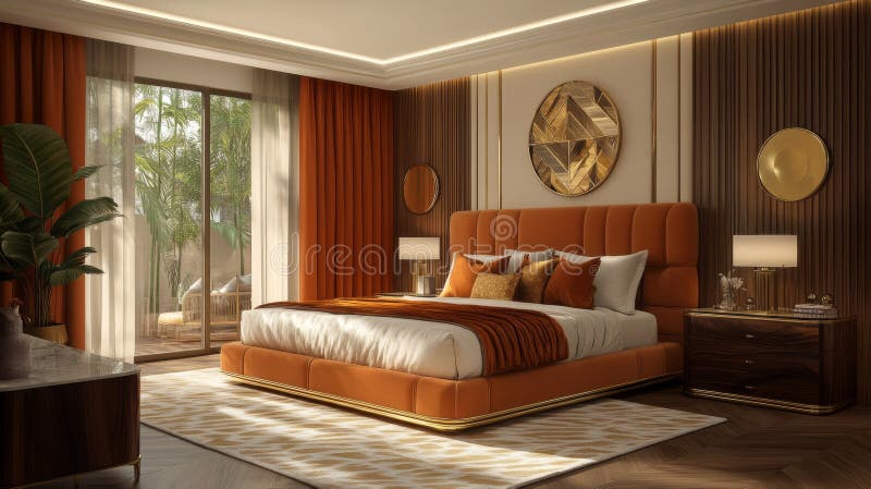 Luxurious Modern Bedroom Interior Design with Orange and Gold Accents ...