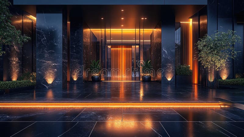 Luxurious Modern Building Entrance with Warm Lighting Stock Photo ...