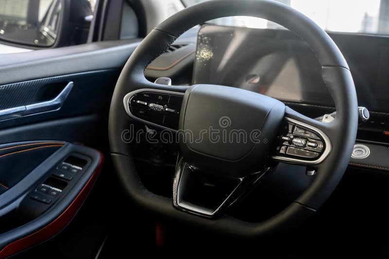 Luxurious Modern Car Interior with Black Leather Steering Wheel ...