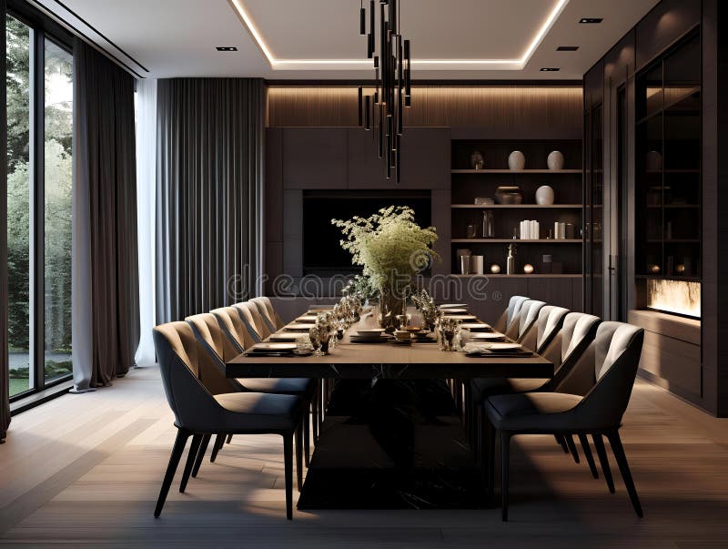 Luxurious Modern Dining Room with Long Table, Dark Decor, and Large ...