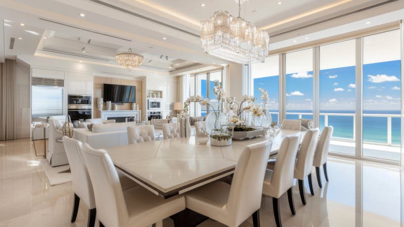 Luxurious Modern Dining Room with Ocean View Stock Illustration ...