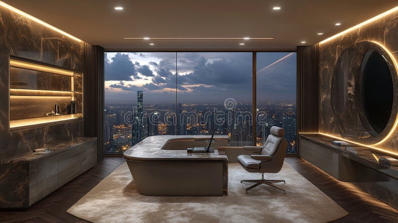 Luxurious Modern Executive Office with Panoramic City Views Stock ...