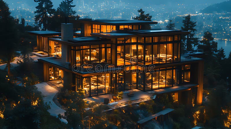 Luxurious Modern Glass House at Night, Hilltop View Stock Illustration ...