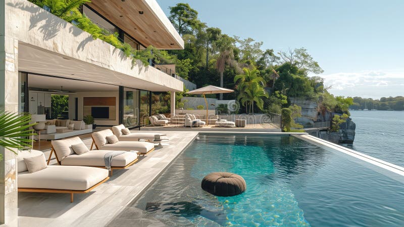 Modern Luxury Home with Infinity Pool Overlooking Water Stock Image ...