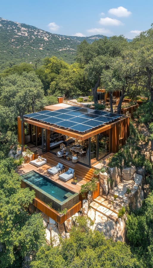 Luxurious Modern Home in Forest Setting, Featuring Solar Panel Roof and ...