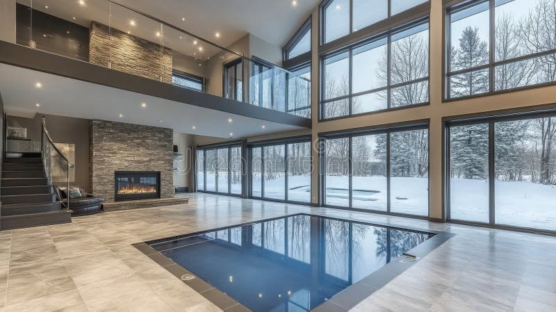 Luxurious Modern Home with Indoor Pool and Stunning Winter Views Stock ...