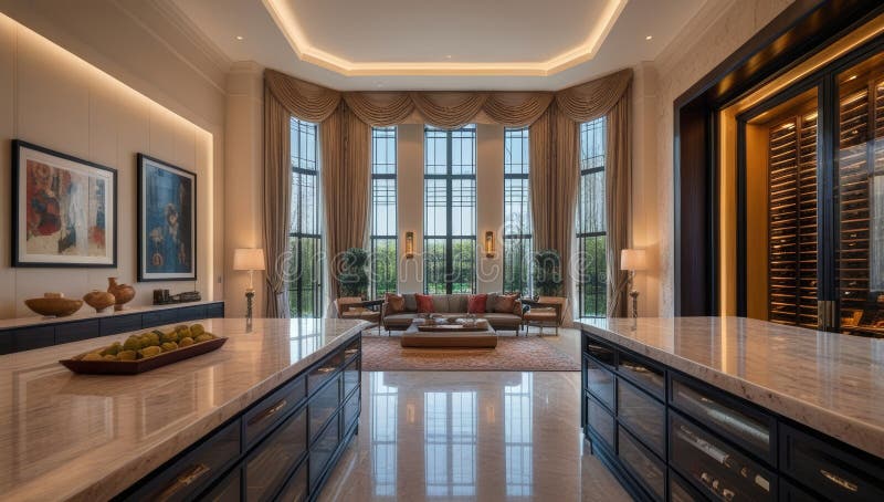 Luxury Home Interior with Open Floor Plan and High Ceilings and Wine ...