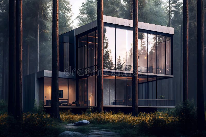 Luxurious Modern House with Big Windows and Forest Around Stock ...