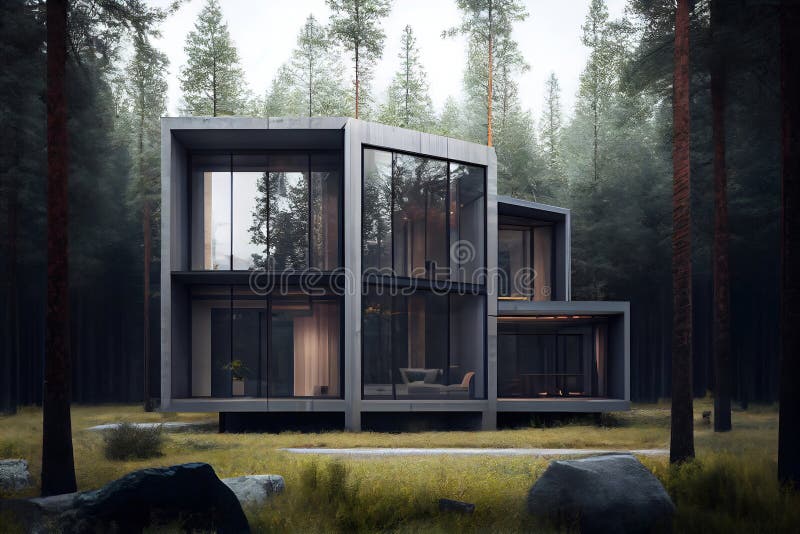 Luxurious Modern House with Big Windows and Forest Around Stock ...