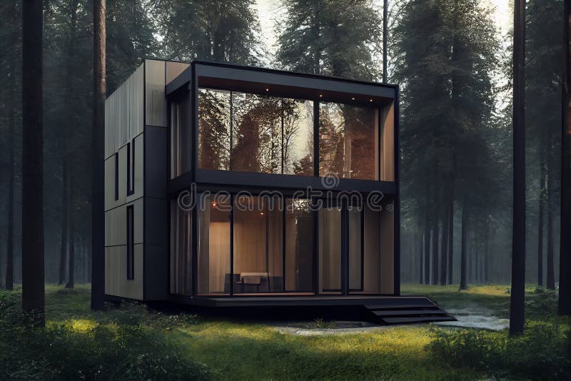 Luxurious Modern House with Big Windows and Forest Around Stock ...