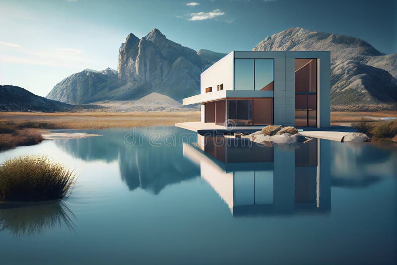 Luxurious Modern House with Big Windows and Mountains and Forest Around ...