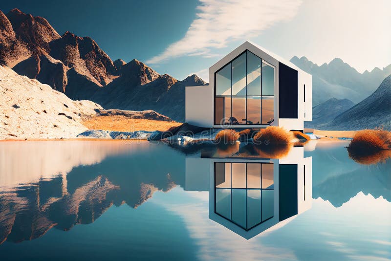 Luxurious Modern House with Big Windows and Mountains and Forest Around ...