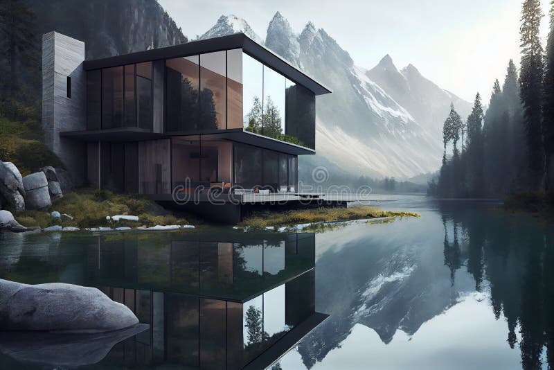 Luxurious Modern House with Big Windows and Water Around Stock Image ...