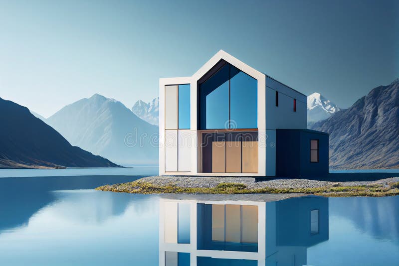 Luxurious Modern House with Big Windows and Water Around Stock Image ...