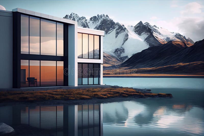 Luxurious Modern House with Big Windows and Water Around Stock Image ...