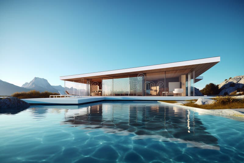 Luxurious Modern House with Big Windows and Water Around Stock Photo ...
