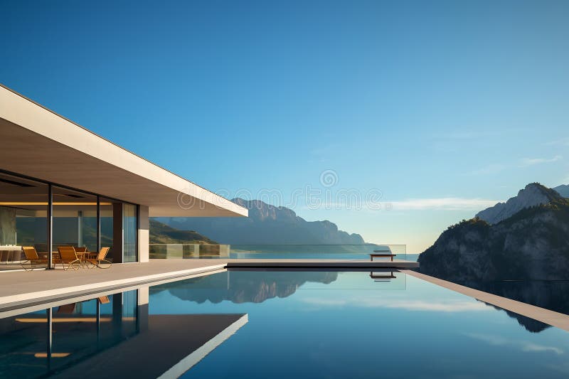 Luxurious Modern House with Big Windows and Water Around Stock Image ...