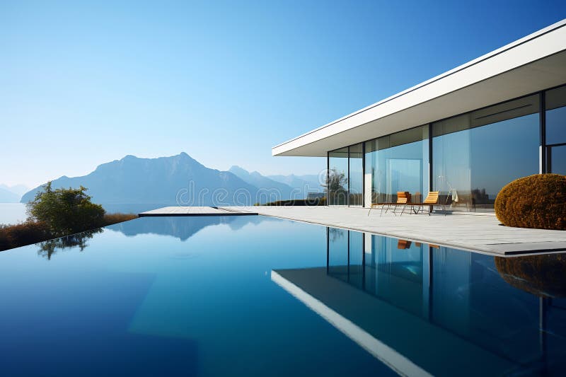 Luxurious Modern House with Big Windows and Water Around Stock Image ...