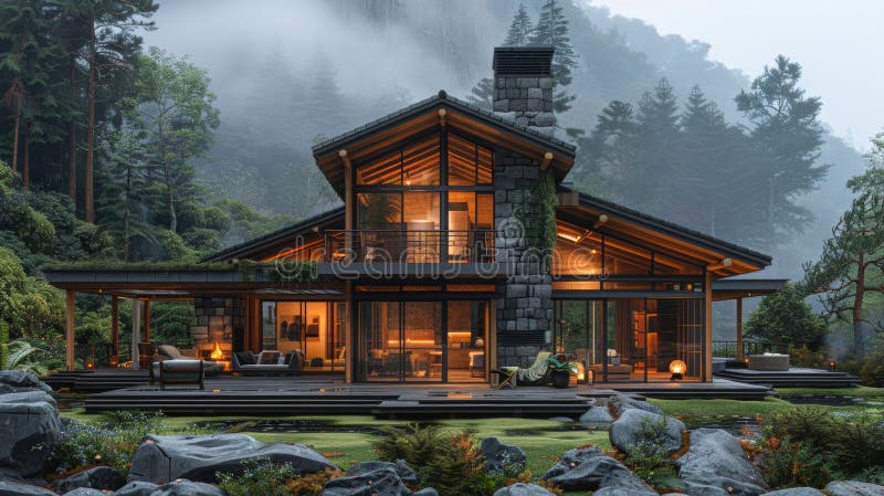 Luxurious Modern House in a Forest at Dusk Stock Image - Image of ...