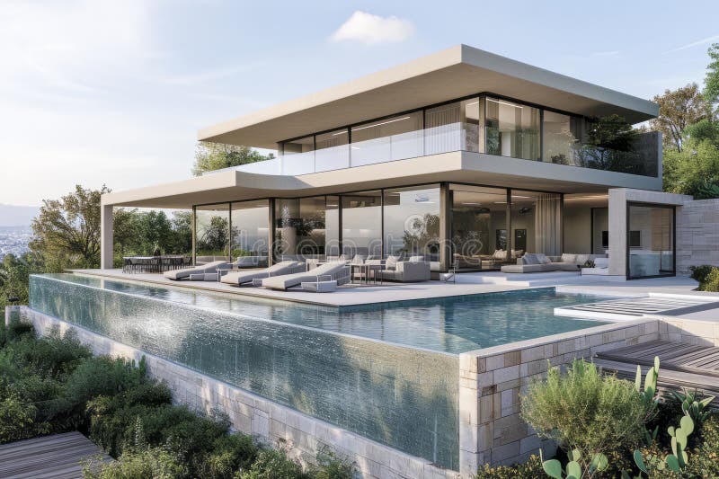 A Luxurious Modern House with Large Windows, Infinity Pool, Surrounded ...