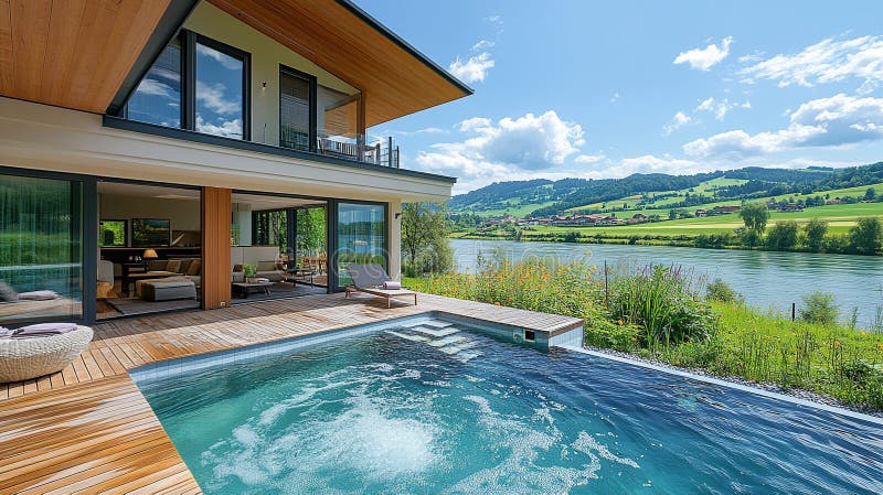 Luxurious Modern House with River View and Pool Stock Illustration ...