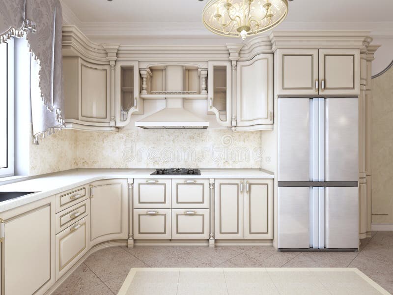 Luxurious Modern Kitchen in Classic Style in White Colors with a Dining ...