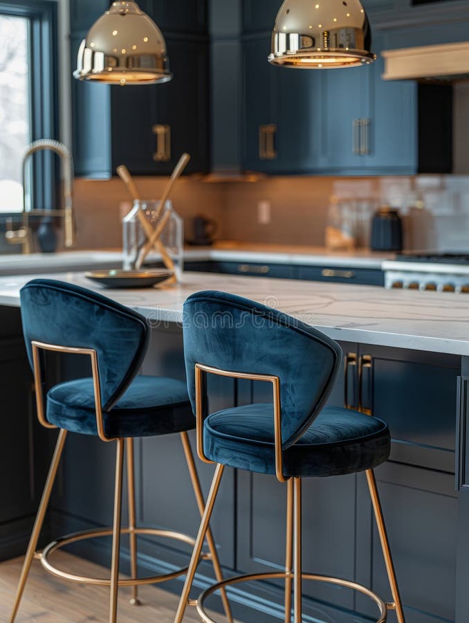 Luxurious Modern Kitchen with Navy Blue Bar Stools and Gold Accents ...