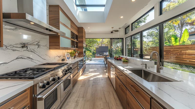 Luxurious Modern Kitchen with Skylight and Garden Views. Stock Image ...