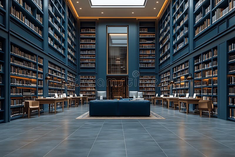 Luxurious Modern Library Interior Design Dark Blue Bookshelves, Study Area Stock Illustration ...