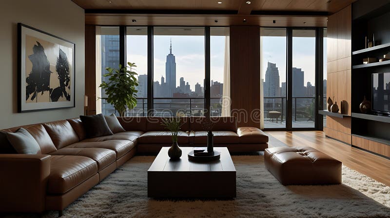 Luxurious Modern Living Room with City Views Stock Illustration ...