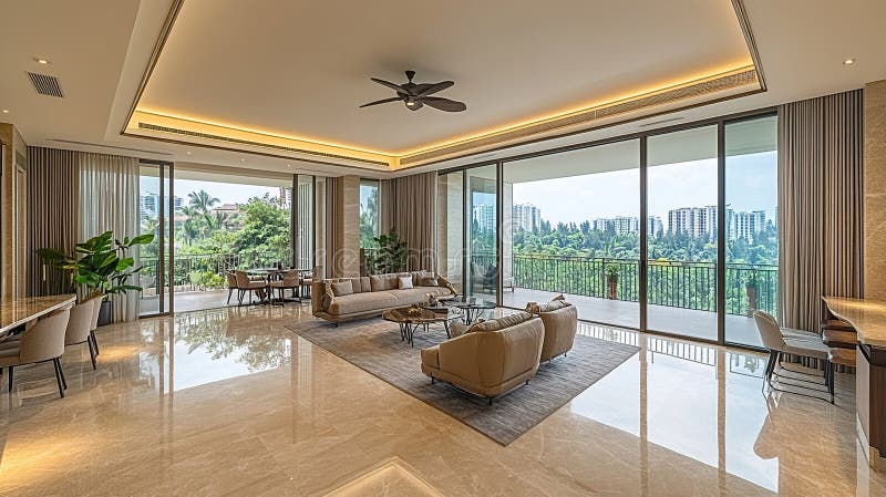 Luxurious Modern Living Room with City Views Stock Illustration ...