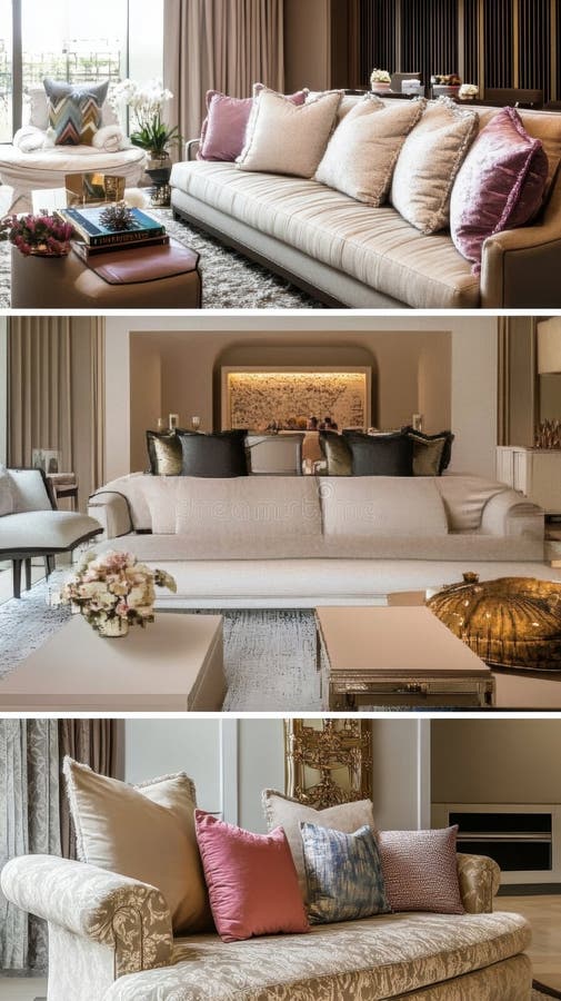 Luxurious Modern Living Room Interiors with Elegant Sofas and Chic Decor Stock Illustration ...