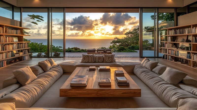 Luxurious Modern Living Room with Ocean View at Sunset Stock Photo ...