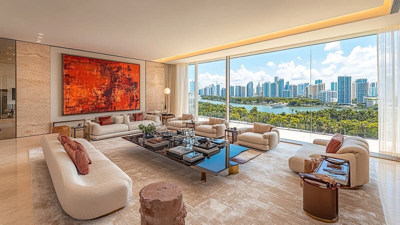 Luxurious Modern Living Room with Panoramic City Views Stock ...