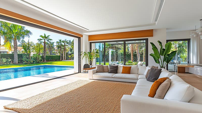 Luxurious Modern Living Room with Pool View Stock Illustration ...