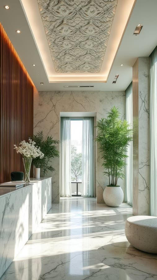 Luxurious Modern Lobby with Marble Decor and Indoor Plants Stock Photo ...