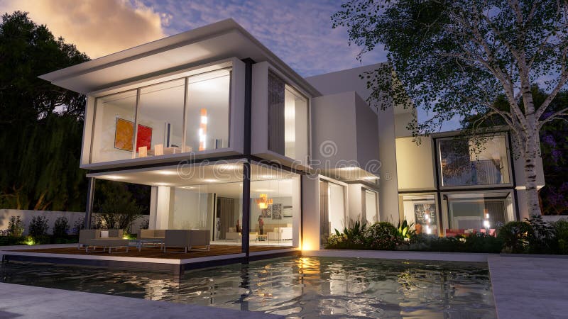 Luxurious Modern Mansion with Pool Stock Illustration - Illustration of ...