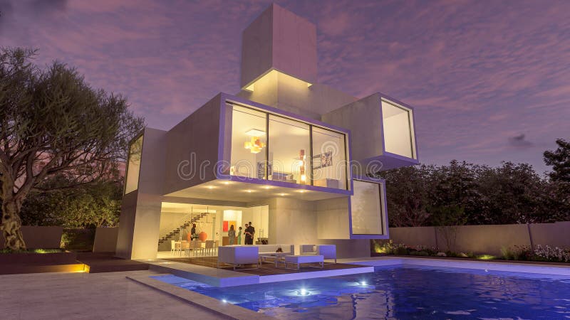Luxurious Modern Mansion with Pool at Twilight Stock Illustration ...