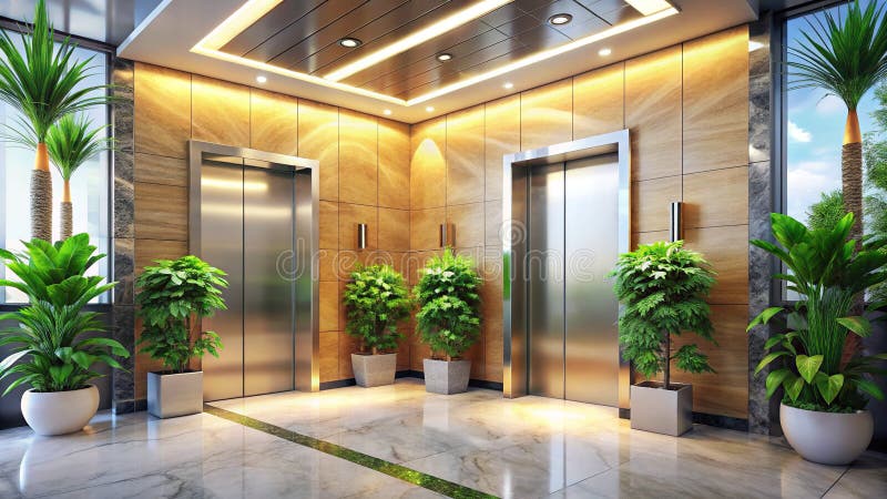Luxurious Modern Marble Elevator Lobby with Lush Greenery a Spacious ...