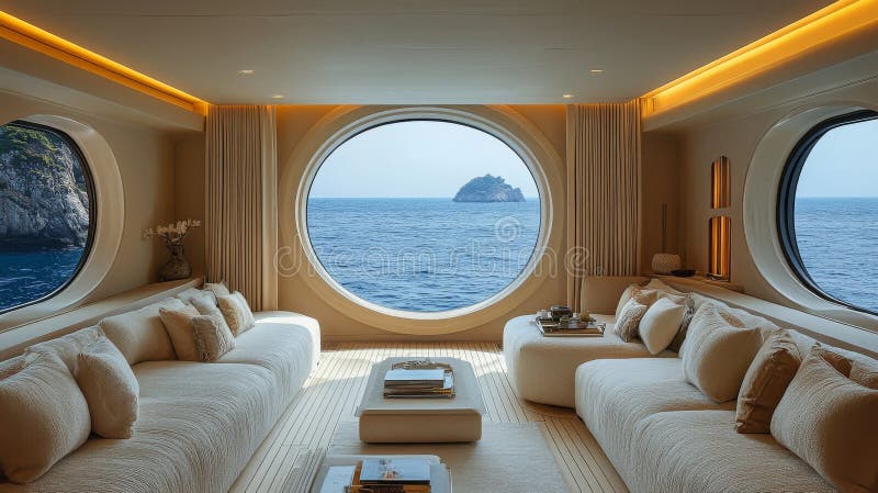 Luxurious Modern Ship Interior with Ocean View through Porthole Stock ...