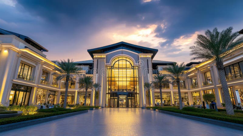 Luxurious Modern Shopping Center at Sunset with Elegant Architecture ...