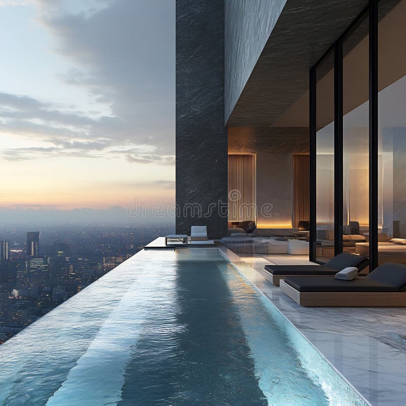 Luxurious Modern Space Featuring an Infinity Pool with a Panoramic City ...