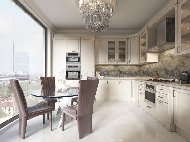 A Luxurious Modern-style Kitchen with a Dining Table and a Large Full ...