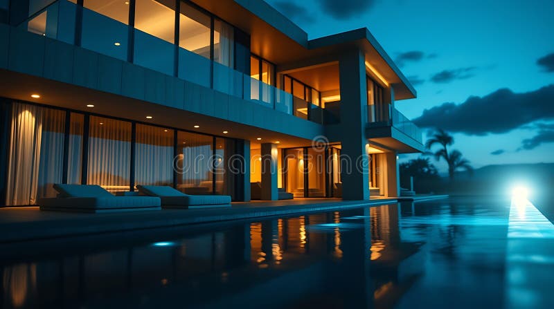 Luxurious Modern Villa with Infinity Pool at Night, Showcasing Stunning ...