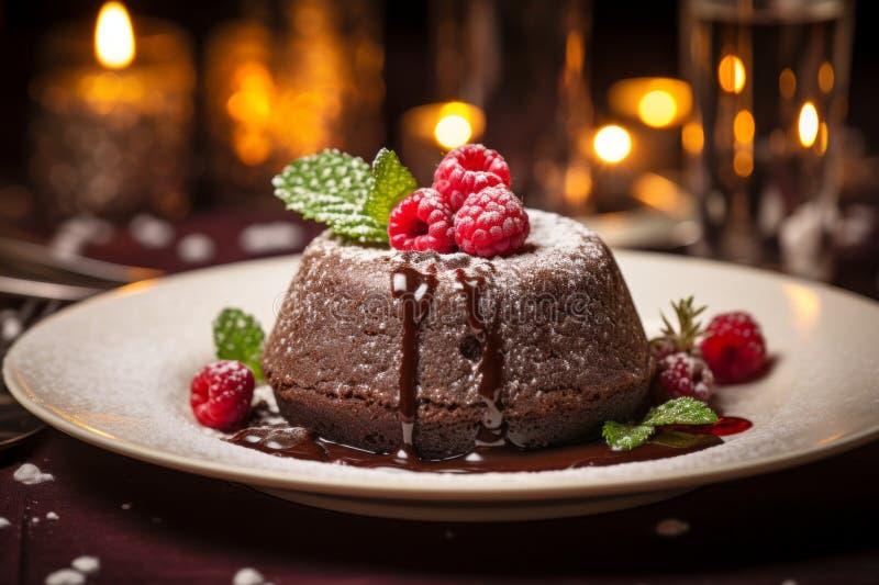 Luxurious Molten Cake Adorned with Raspberry and Chocolate Fondant ...