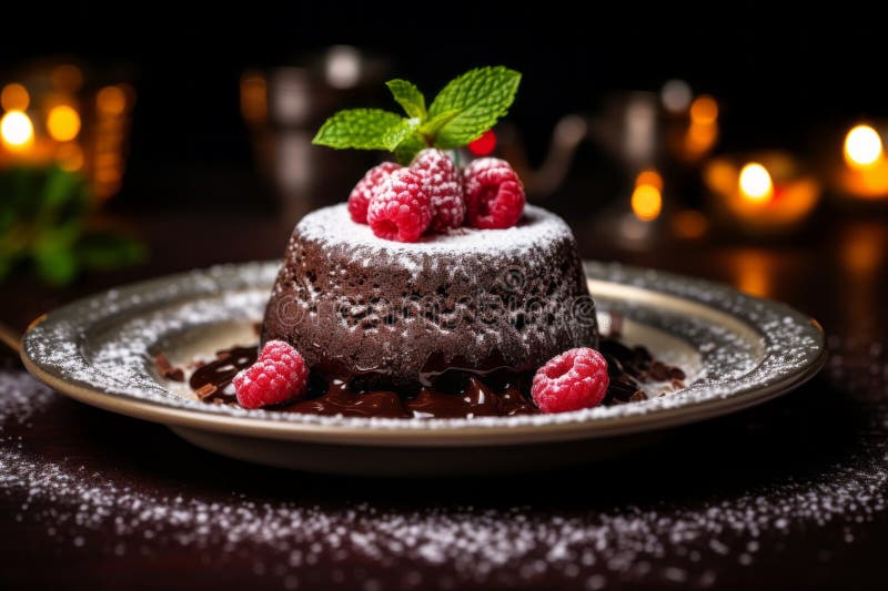 Luxurious Molten Cake Adorned with Raspberry and Chocolate Fondant ...